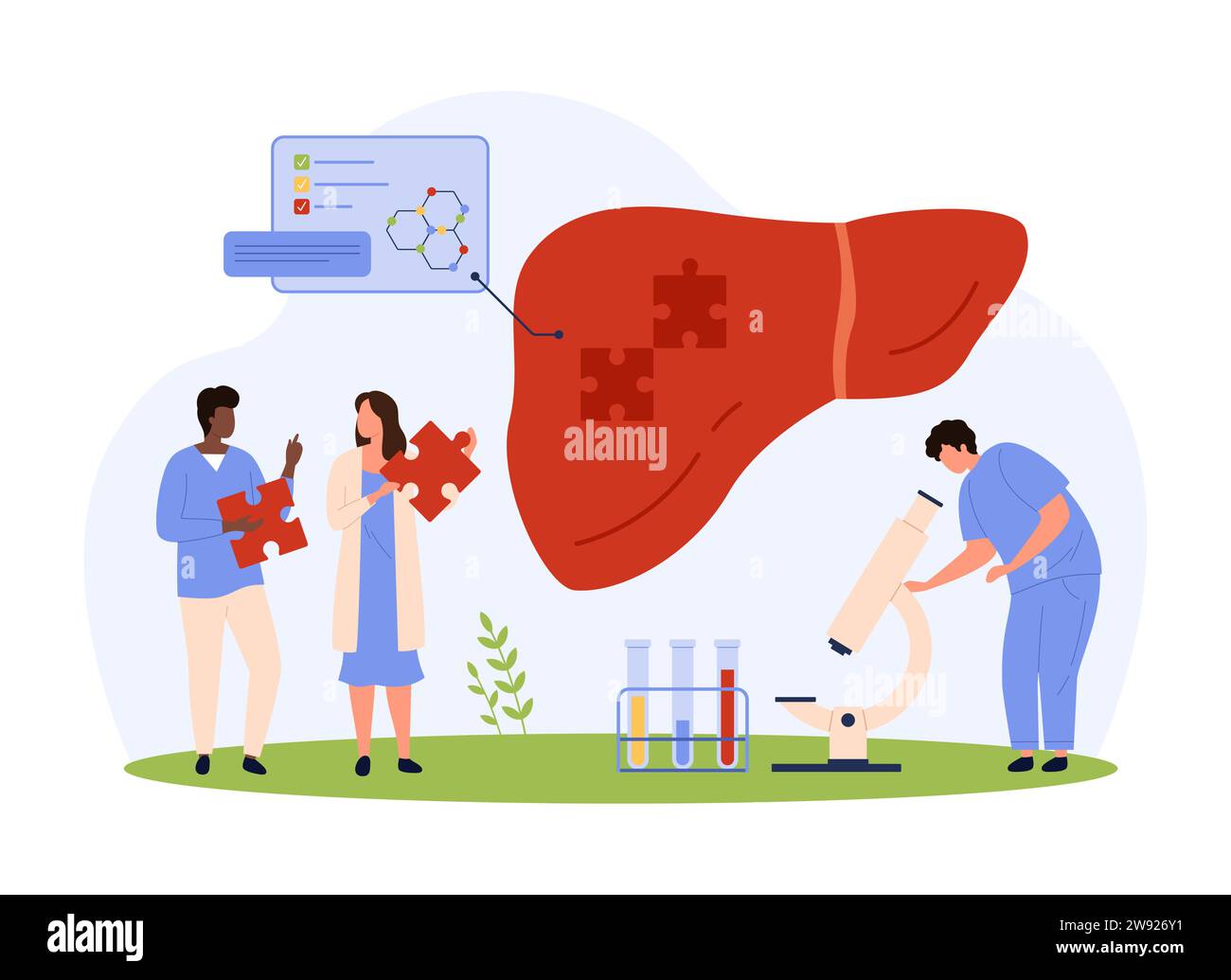 Liver diseases, hepatitis diagnosis and prevention vector illustration. Cartoon tiny people ...