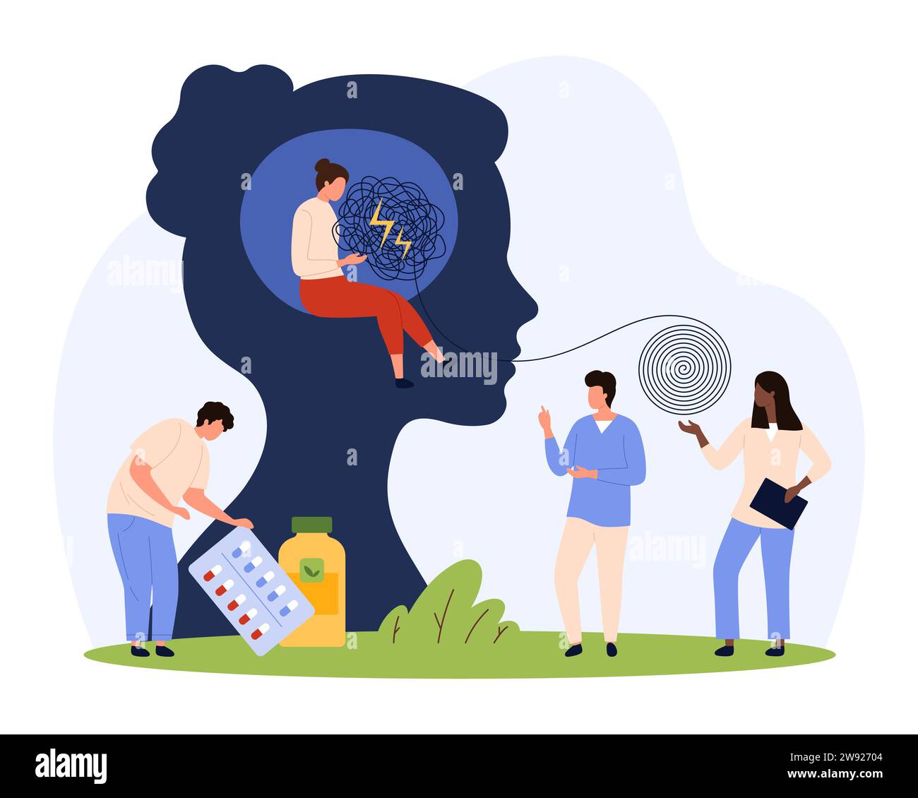 Mental health, psychotherapy session with patient. Tiny people unravel ...