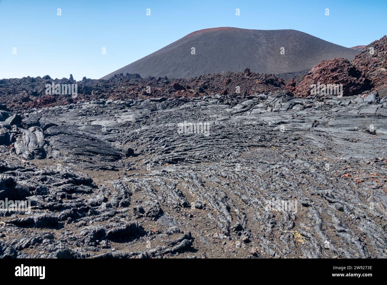 Liquid lava flow with smooth surface. Crust of fladenlava. Kamchatka ...