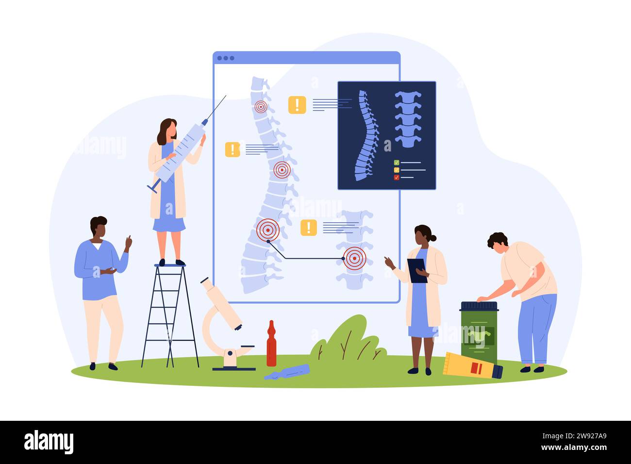 Diagnosis and treatment of chronic spinal diseases vector illustration ...