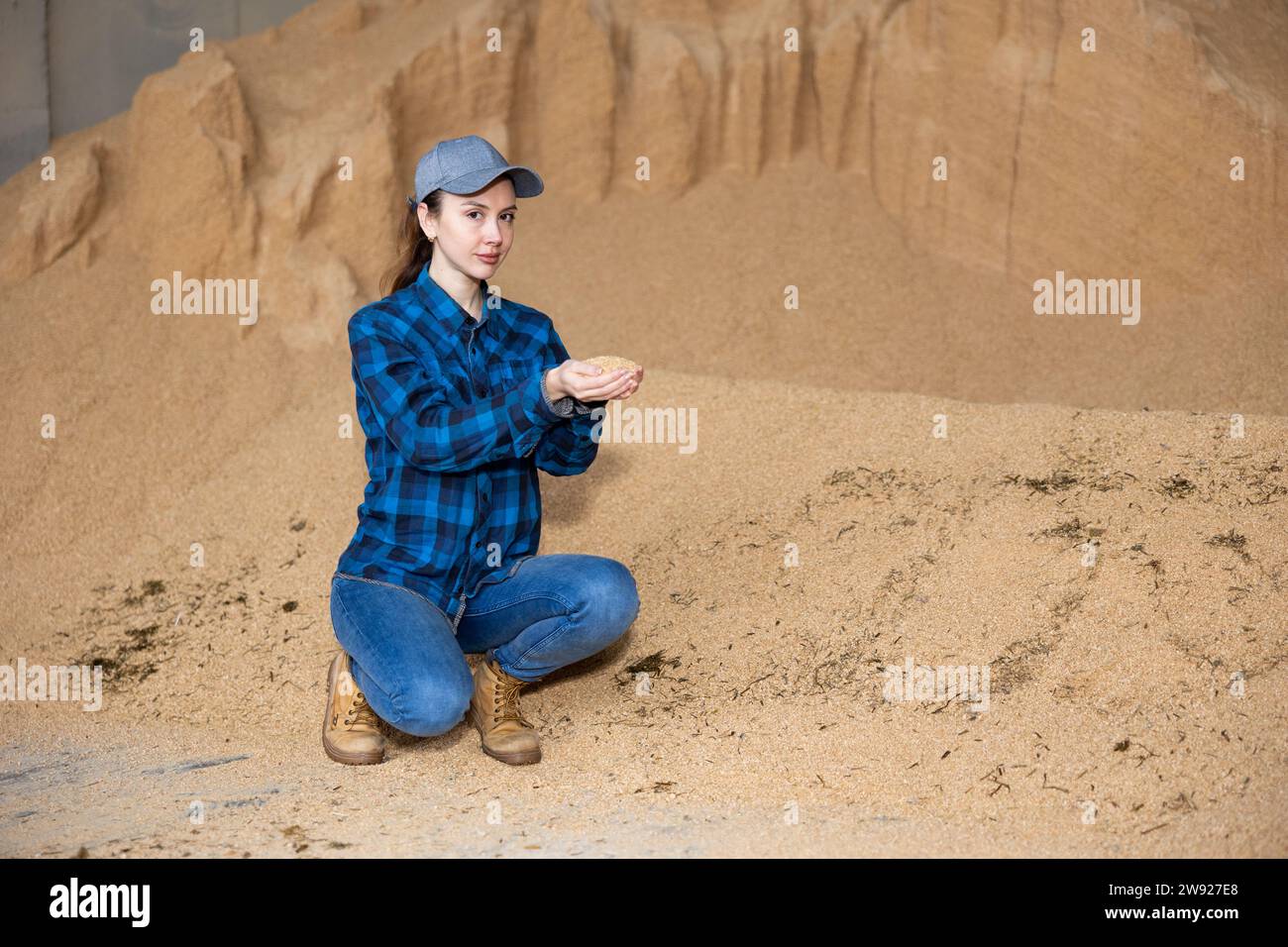 Female farmer holding handful of soybean hulls in farm storage Stock ...