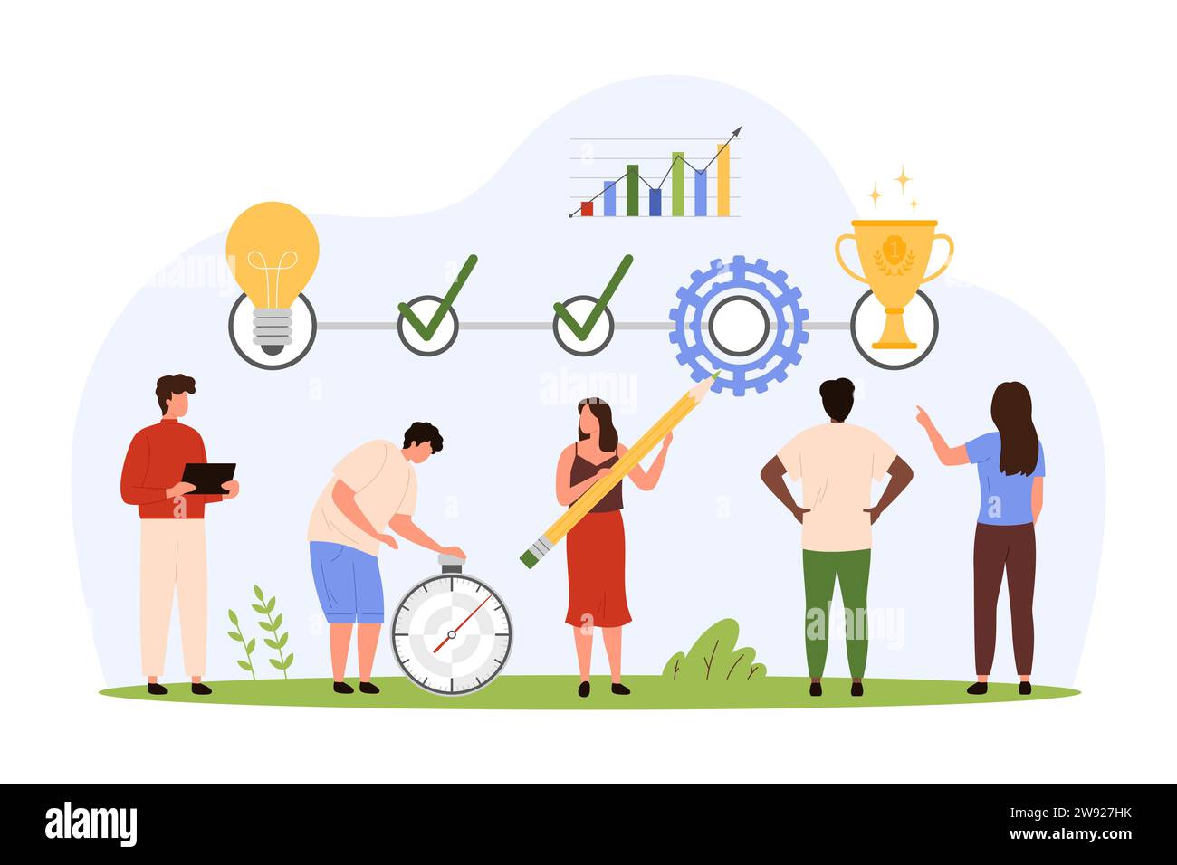 Business project and goal tracker. Tiny people with pencil and timer ...