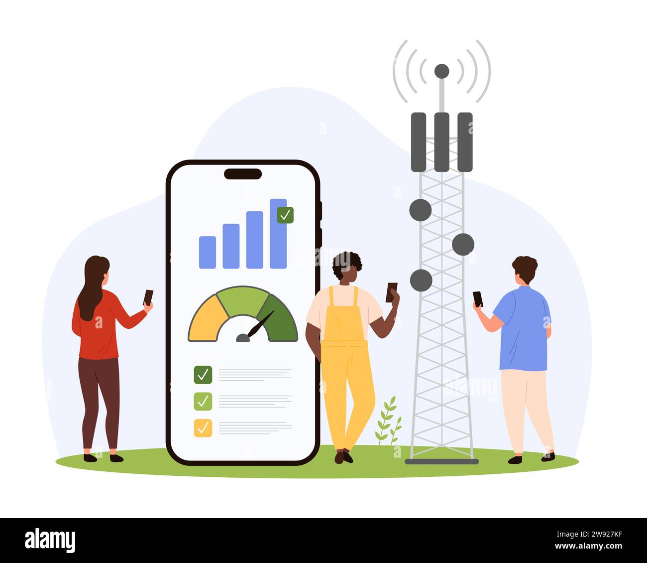 Network city communication by tower with antenna. Tiny people using ...