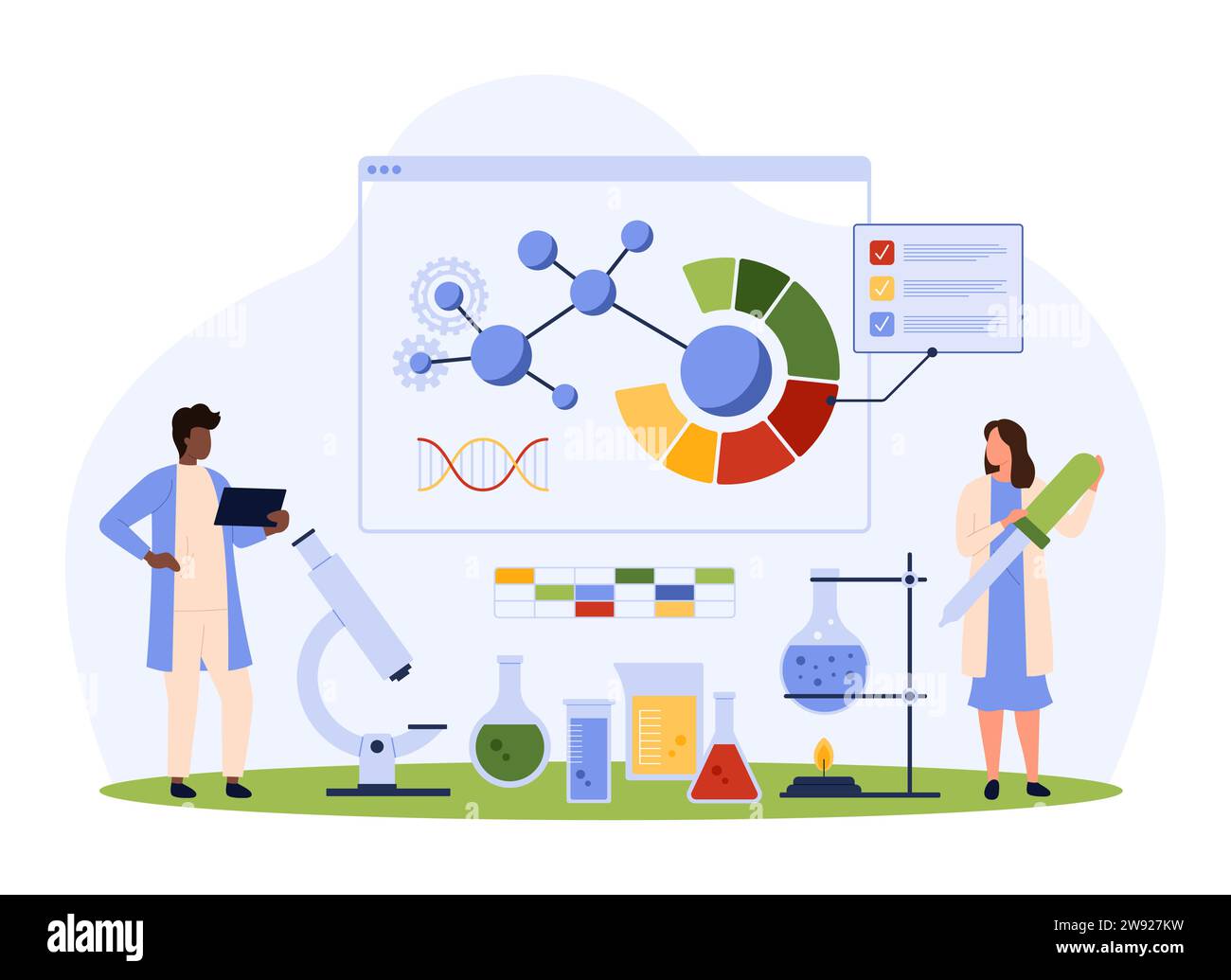 Chemical research in laboratory, scientific analysis of molecules in ...