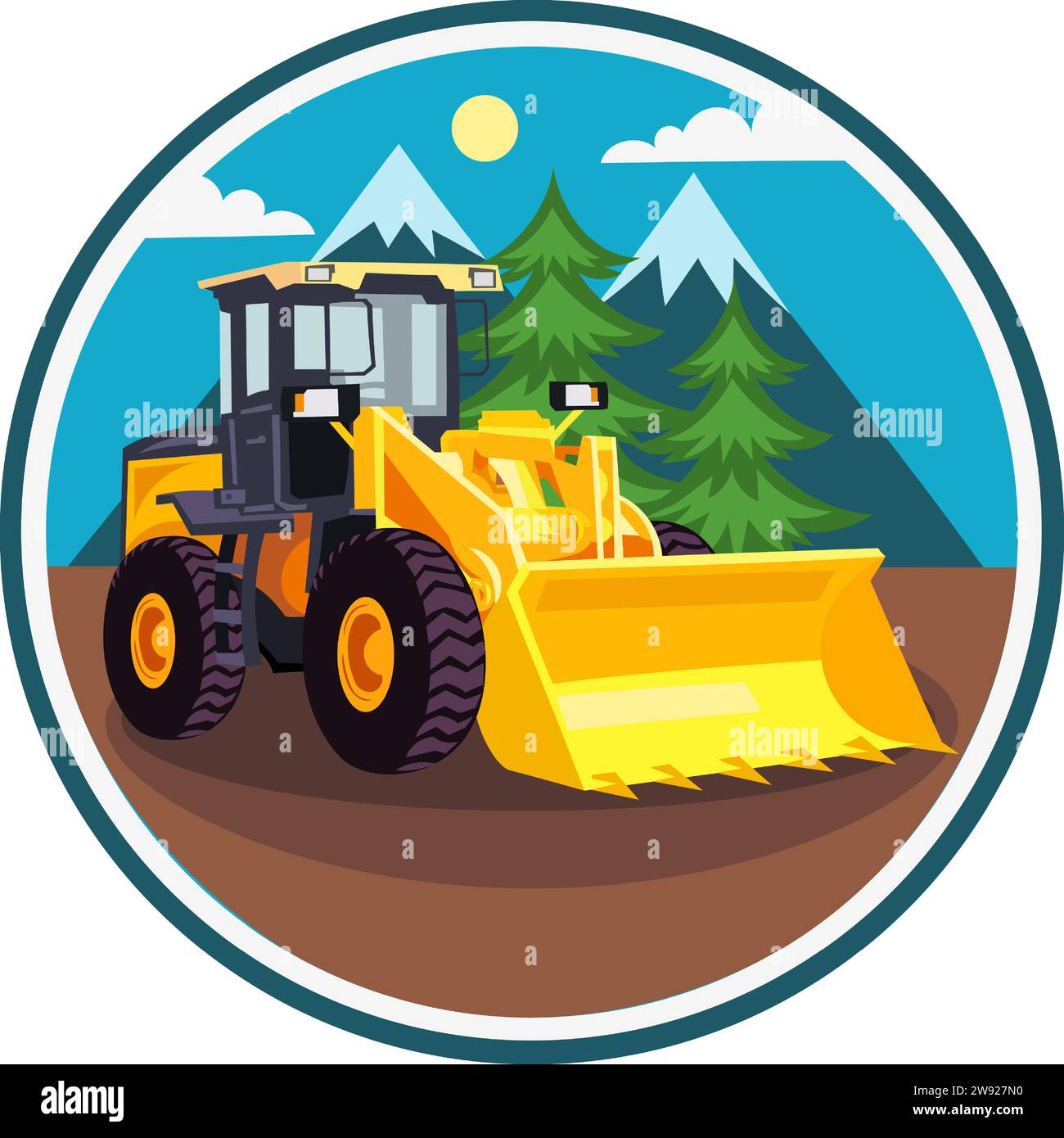 Yellow wheeled building bulldozer vector image in circle with mountain ...
