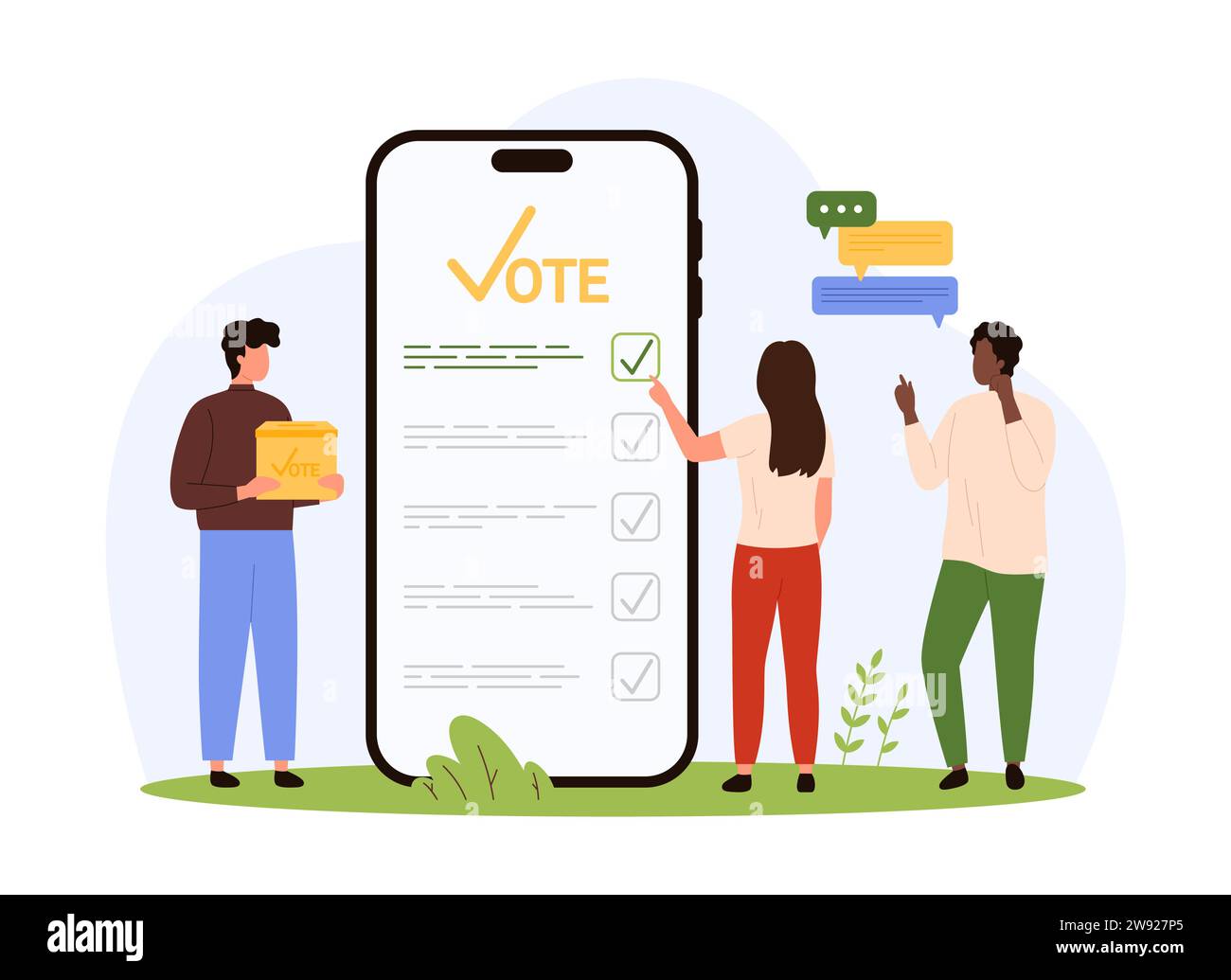 Online survey, election, electronic voting in mobile app. Tiny people ...