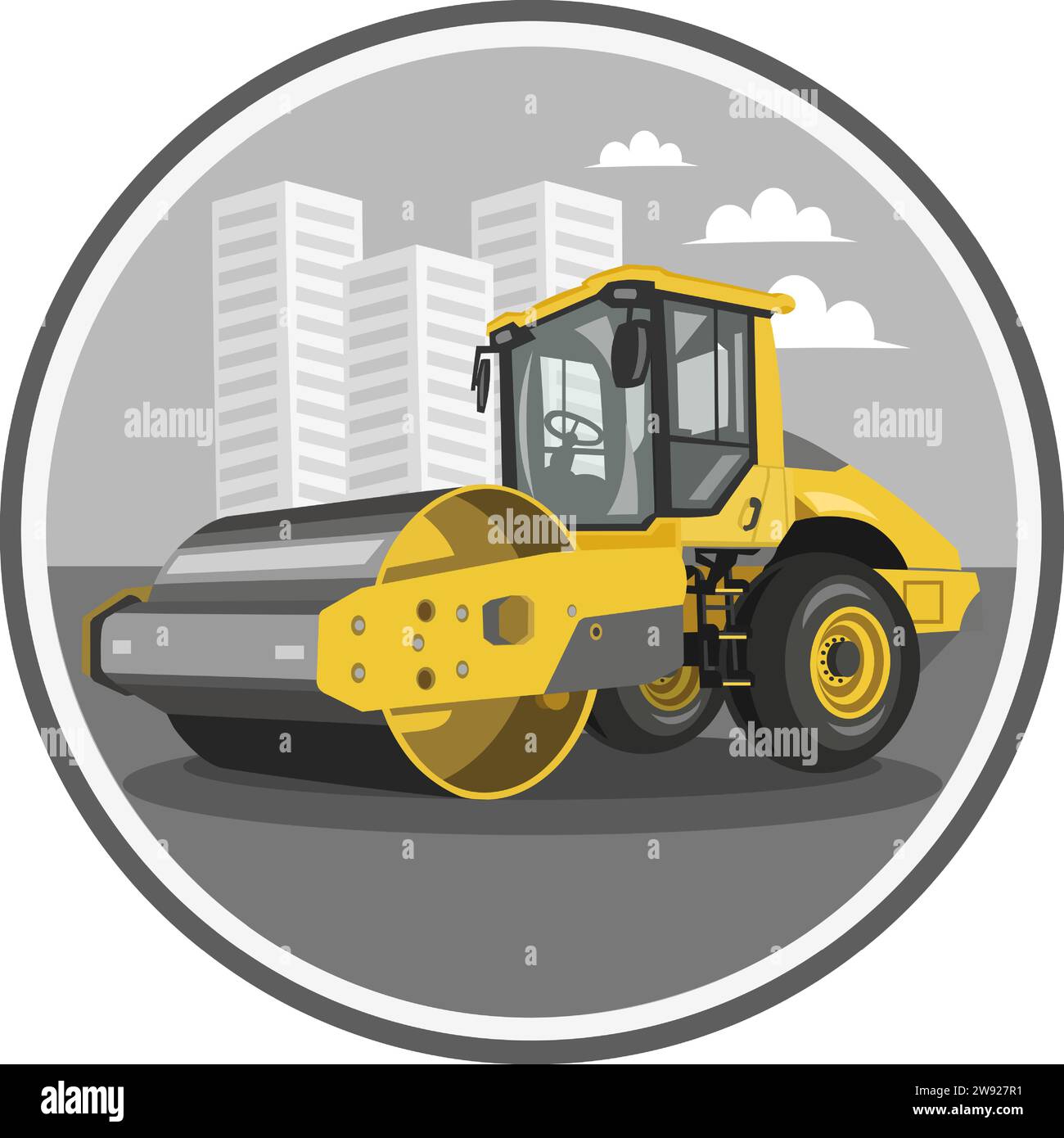 Yellow asphalt roller, steamroller, road roller vector image in circle with urban landscape on ...