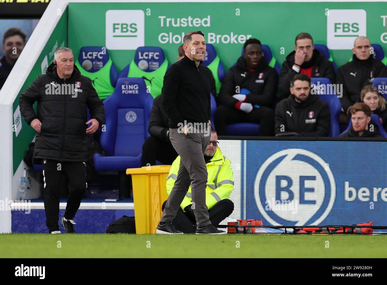 Leicester, UK. 23rd Dec 2023. Leam Richardson, Manager of Rotherham United shouts from the ...
