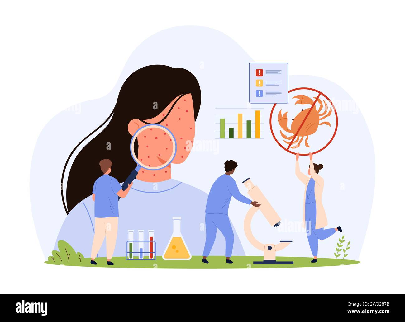 Diagnosis of food allergy in medical clinic, seafood allergen. Tiny ...