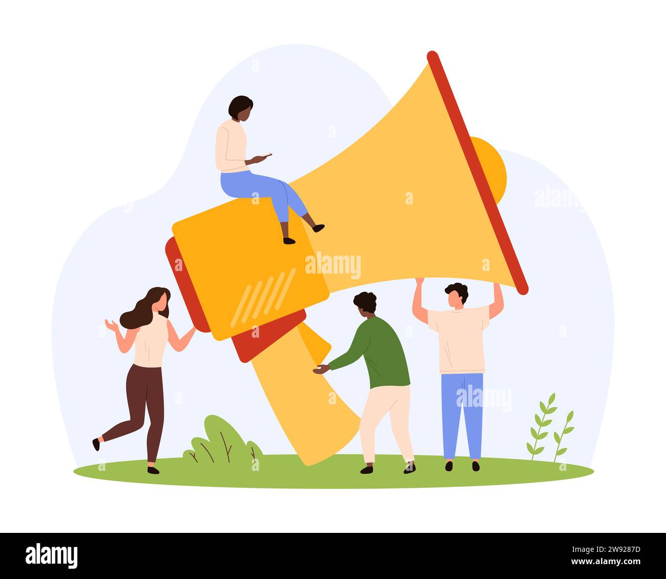 Marketing campaign in social media. Tiny people with big megaphone ...