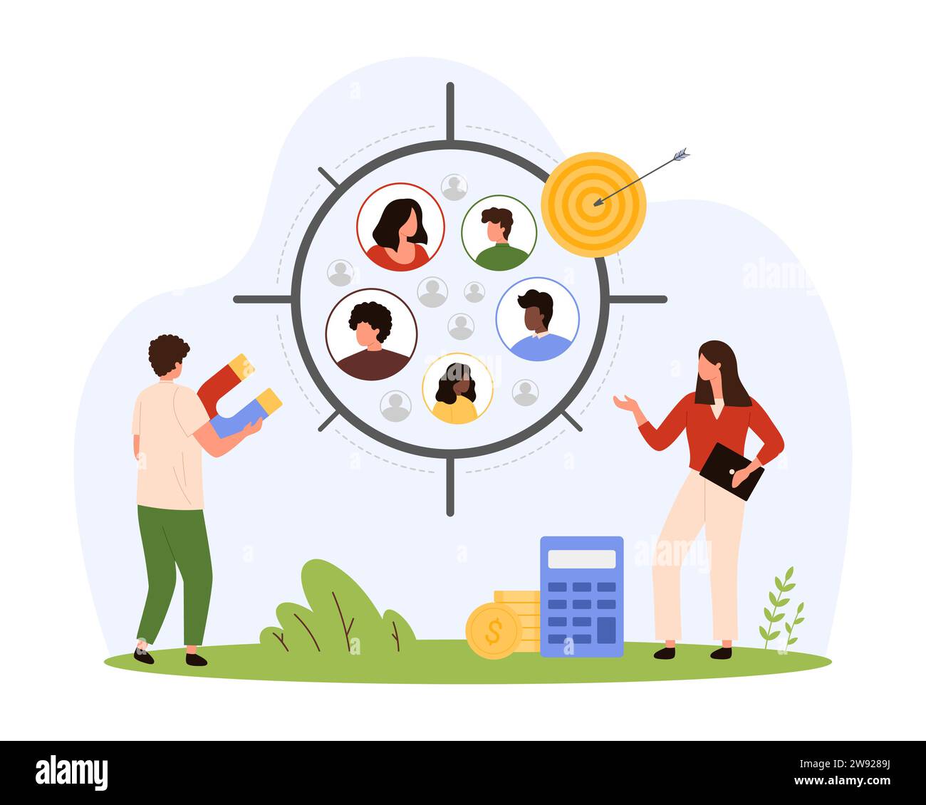 Focus group research. Tiny people holding magnet to attract customers ...