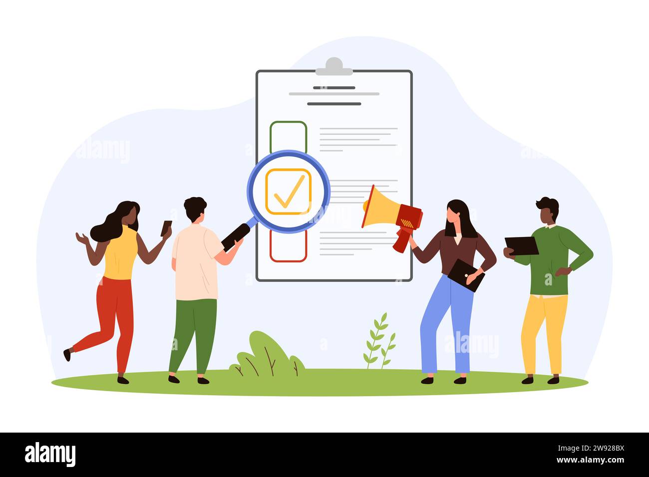 Inspection and analysis of survey list. Tiny people looking through ...