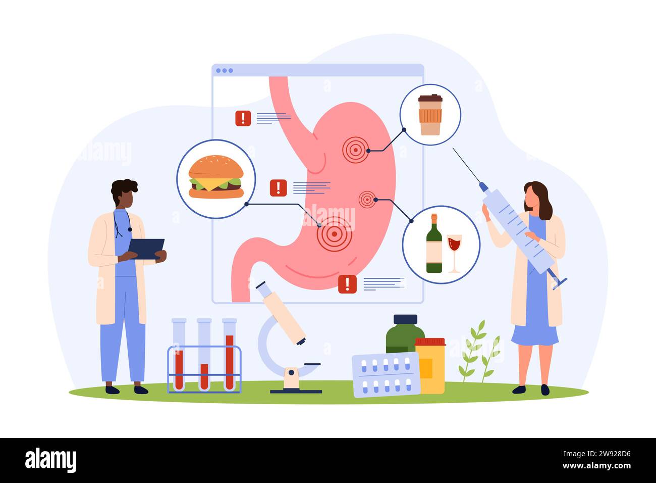 Intoxication of digestive system from unhealthy food. Tiny people ...