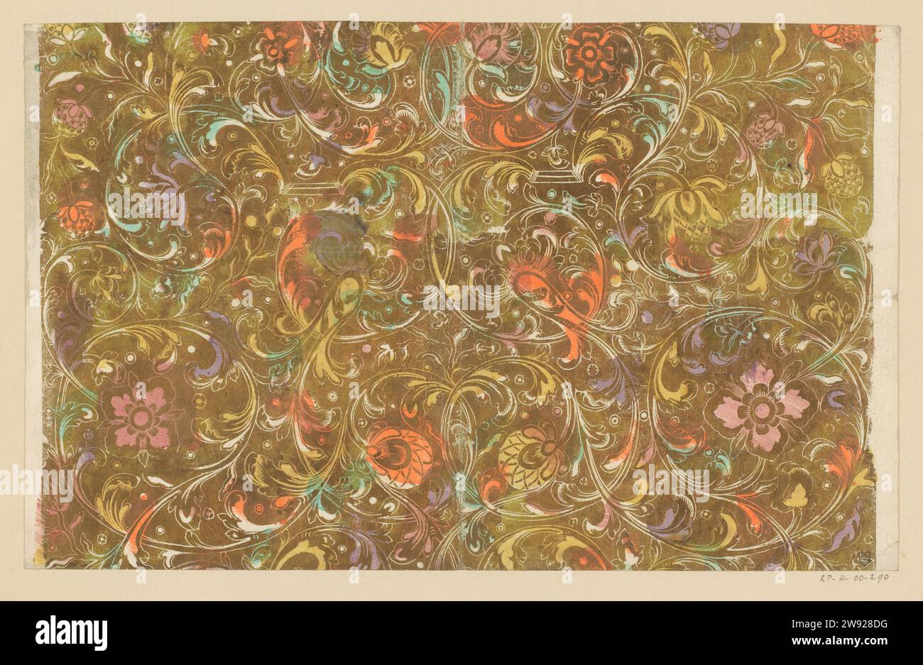 Leaf with tendrils in a curl with flowers and fruits, anonymous, 1700 ...