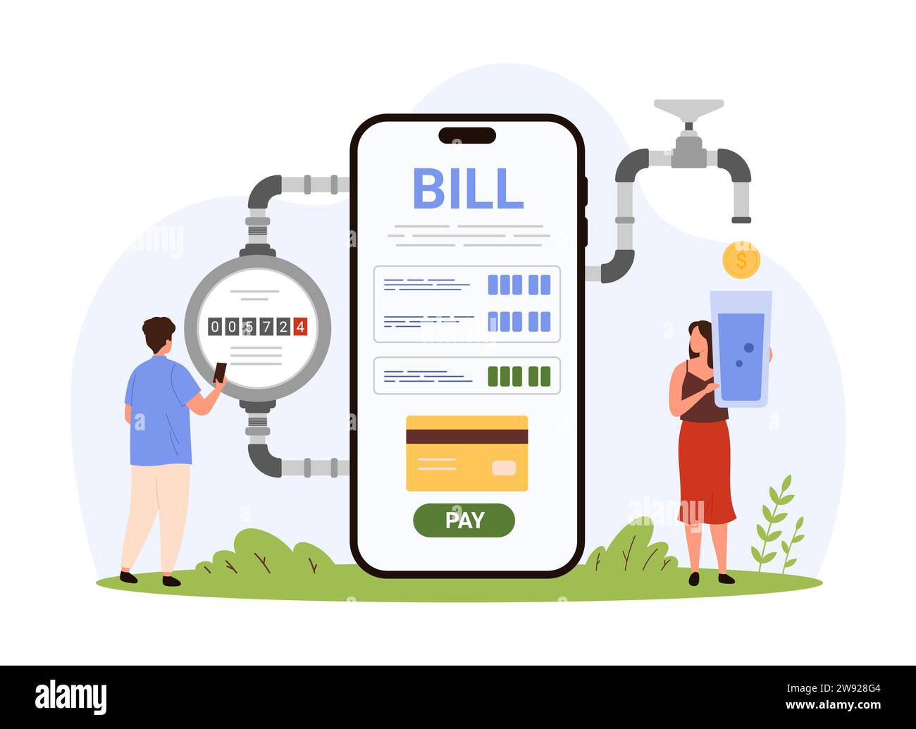 Utility bills in smartphone app, economy. Tiny people check meter ...