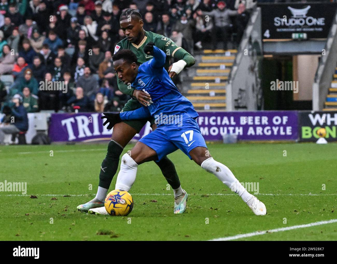 Bali Mumba #2 of Plymouth Argyle defending Siriki Dembélé #17 of ...