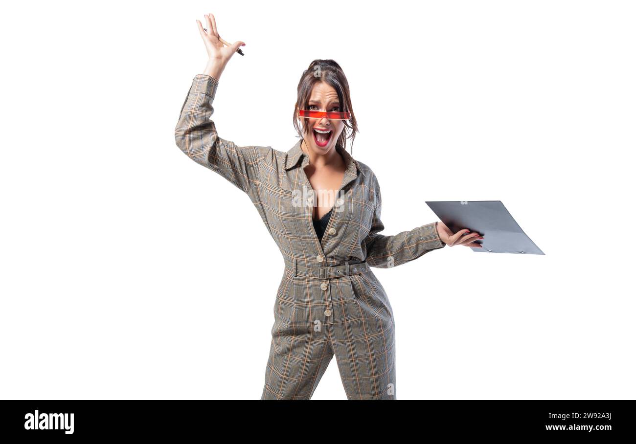 Woman interviewer stands in the studio on a white background with a ...