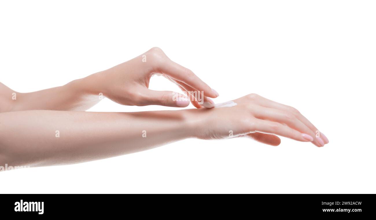 Image of female hands applying cream to the skin. Medical concept of ...