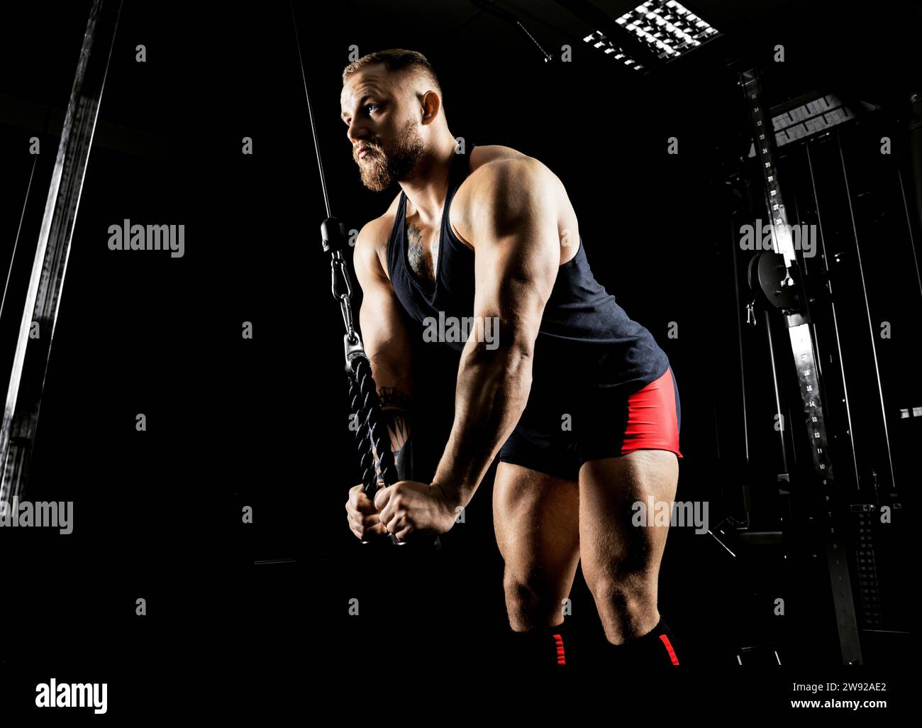 The athlete performs an exercise on the triceps on a special device ...