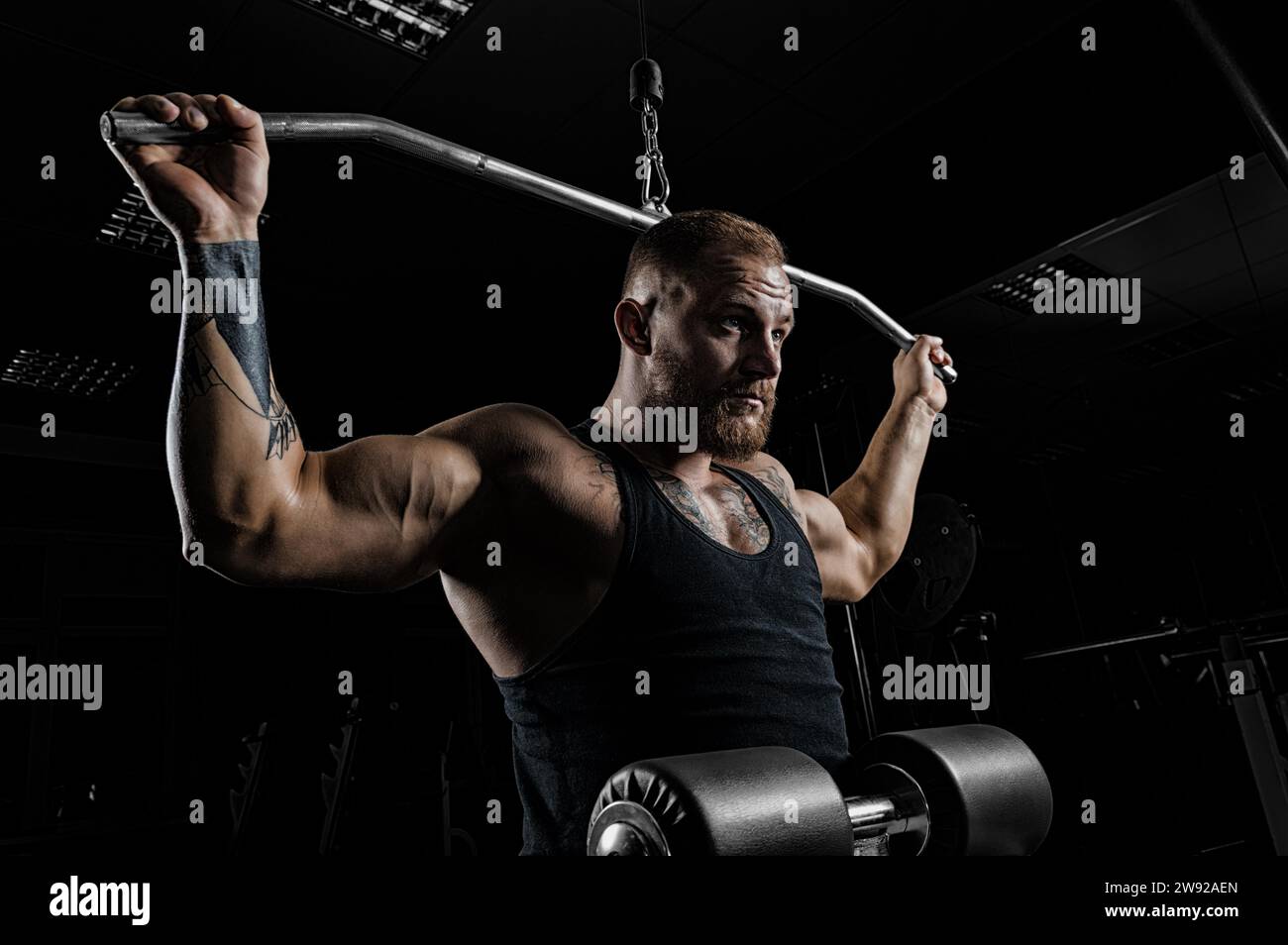 Professional athlete performs an exercise in the gym. Pulls the bar to ...