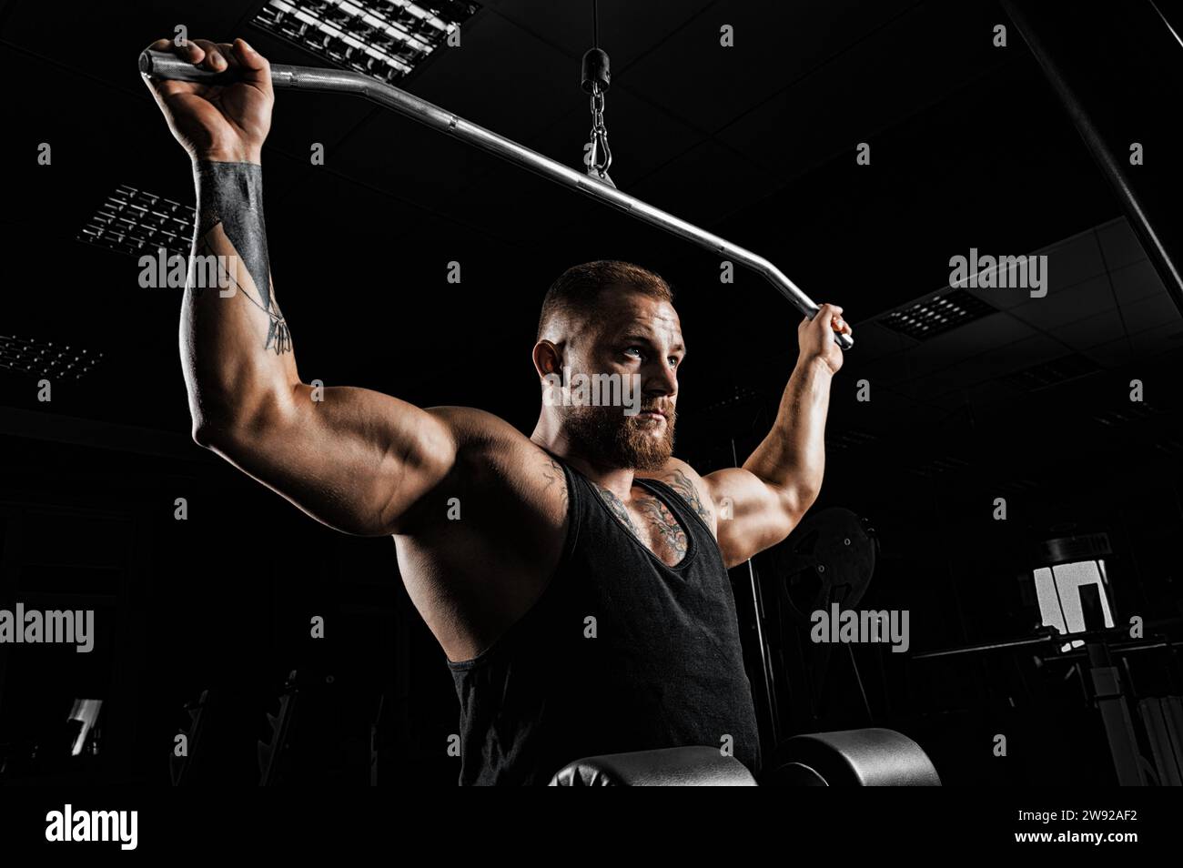 Professional athlete performs an exercise in the gym. Pulls the bar to ...