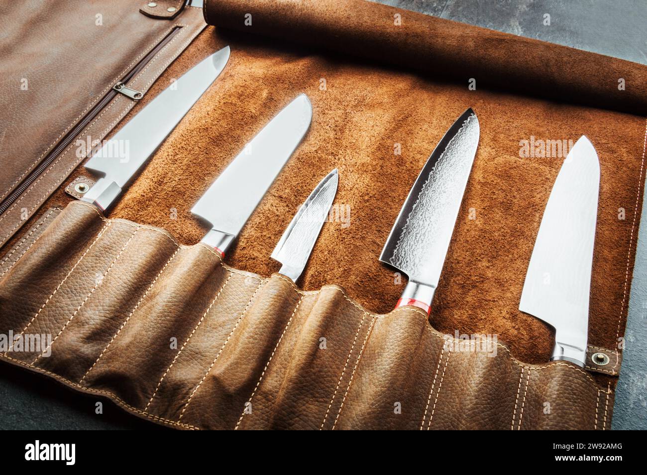 Set of professional cook tools. Special case of cook knives. View from ...