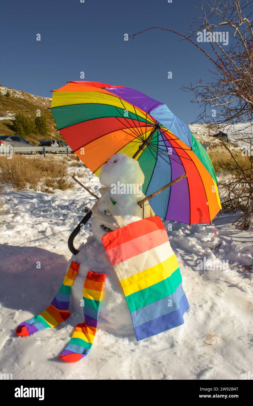 Profile view, of snowman with colorful accessories of the lgtb pride ...