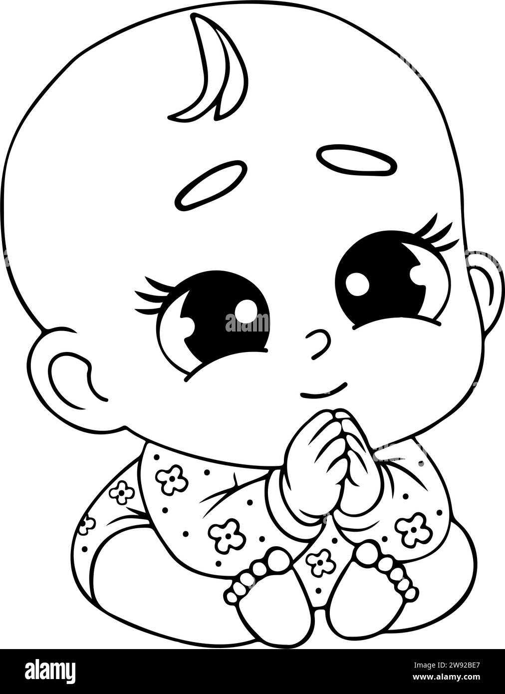 Cute praying little infant. Linear hand drawing, coloring book. Vector ...