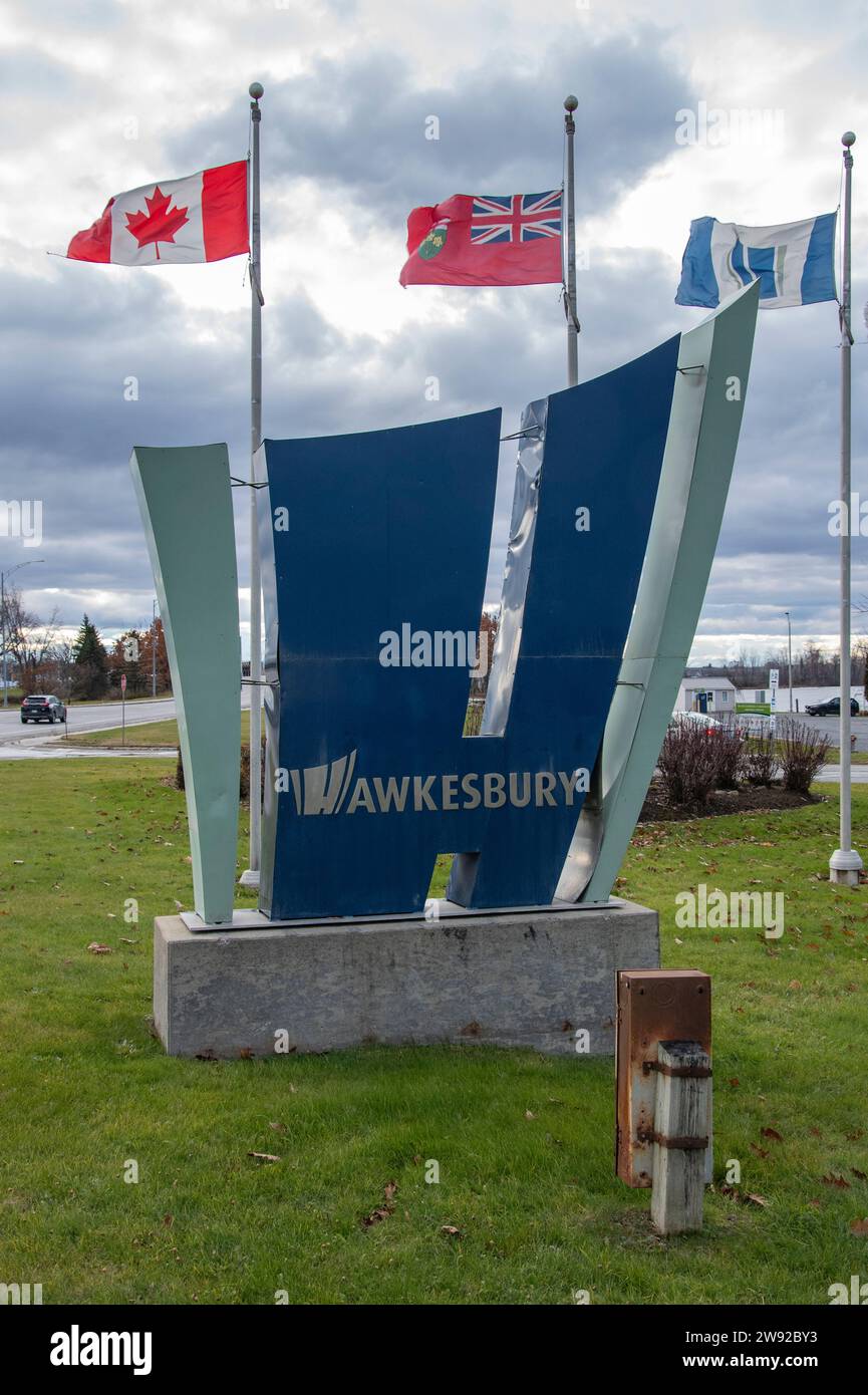 Welcome to the town of Hawkesbury sign at Confederation Park in Ontario ...
