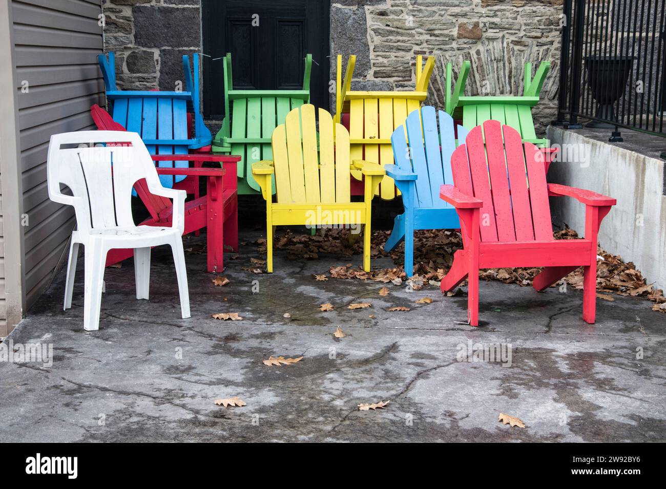 Colorful Adirondack chairs stored for the winter at the Franco-Ontarian ...