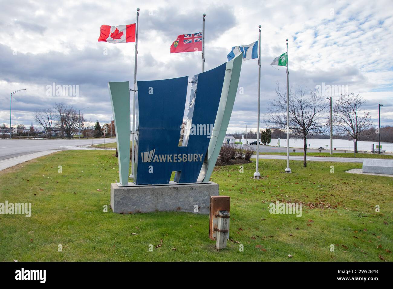 Welcome to the town of Hawkesbury sign at Confederation Park in Ontario ...