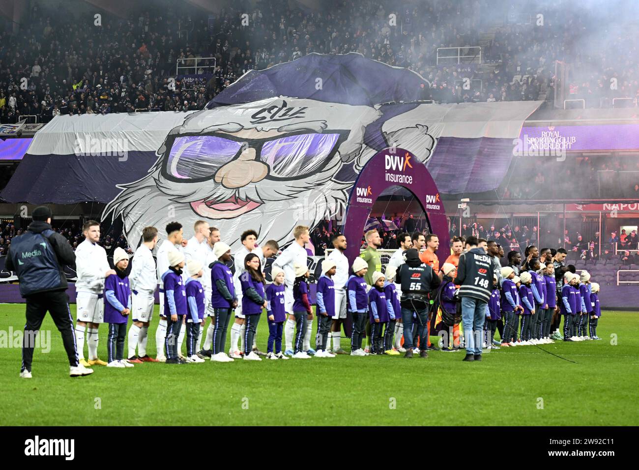 Brussels, Belgium . 23rd Dec, 2023. A Anderlecht tifo pictured before a ...