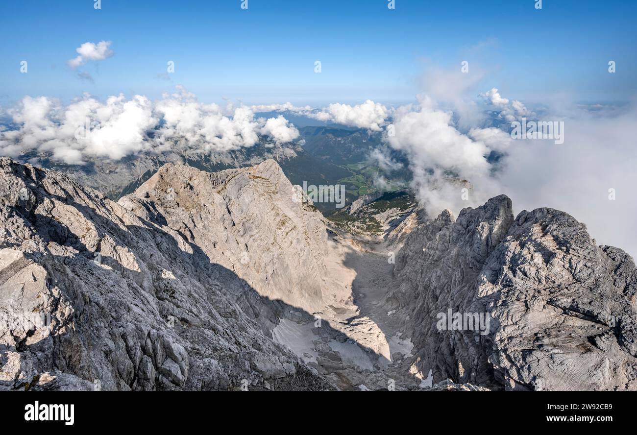View from the summit of the Hochkalter, rocky steep mountain landscape ...