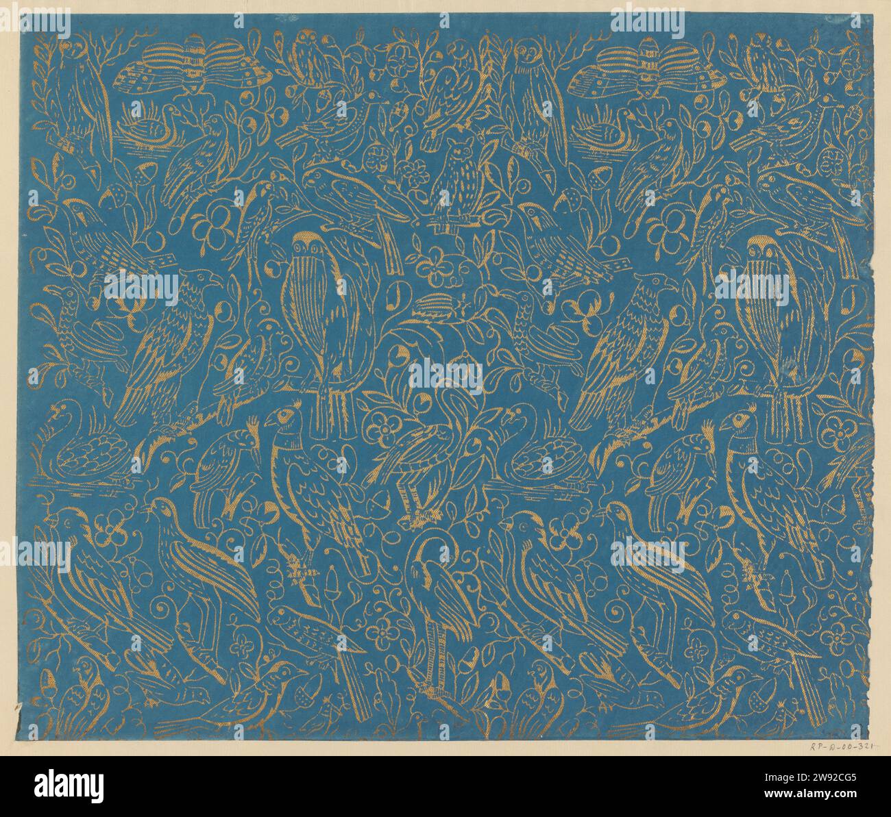 Leaf with different birds with flowers and fruits, Dessauerschen bunt ...
