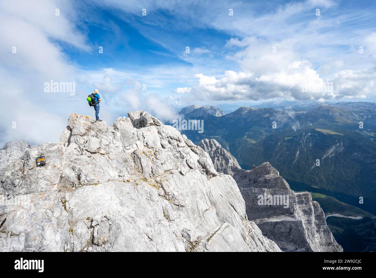 Mountaineer on a narrow rocky ridge, Watzmann crossing to the Watzmann ...