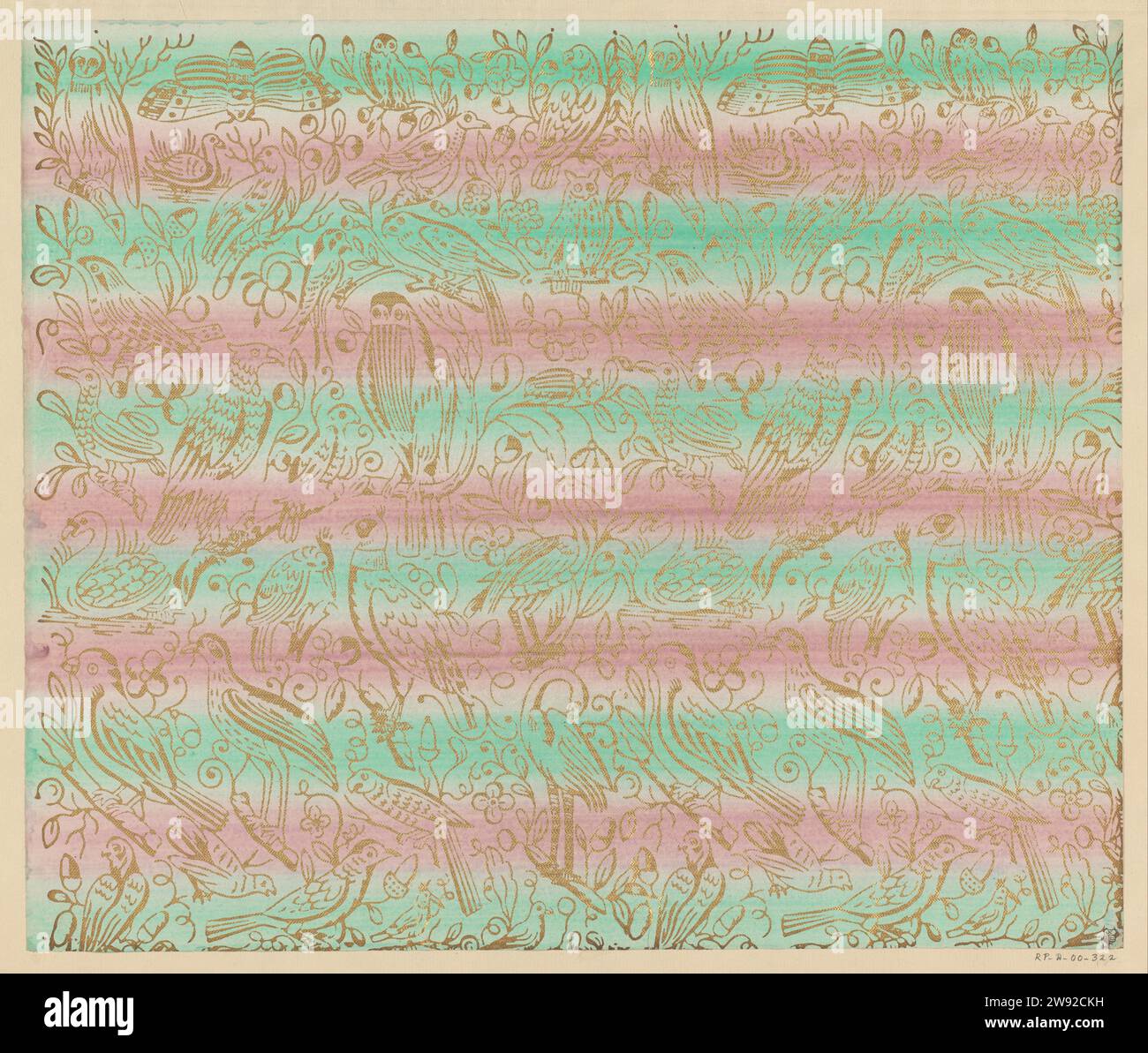 Leaf with different birds with flowers and fruits, Dessauerschen bunt ...