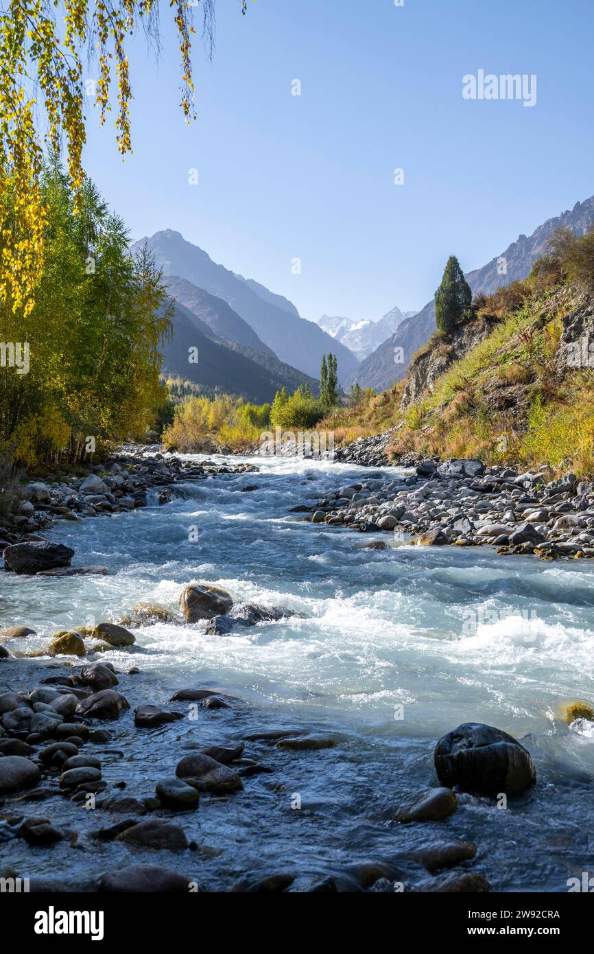 Mountain stream Ala Archa flows through the Ala Archa valley, autumnal ...