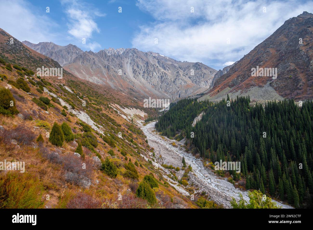 View into a mountain valley with Ak Say stream, autumnal mountain ...