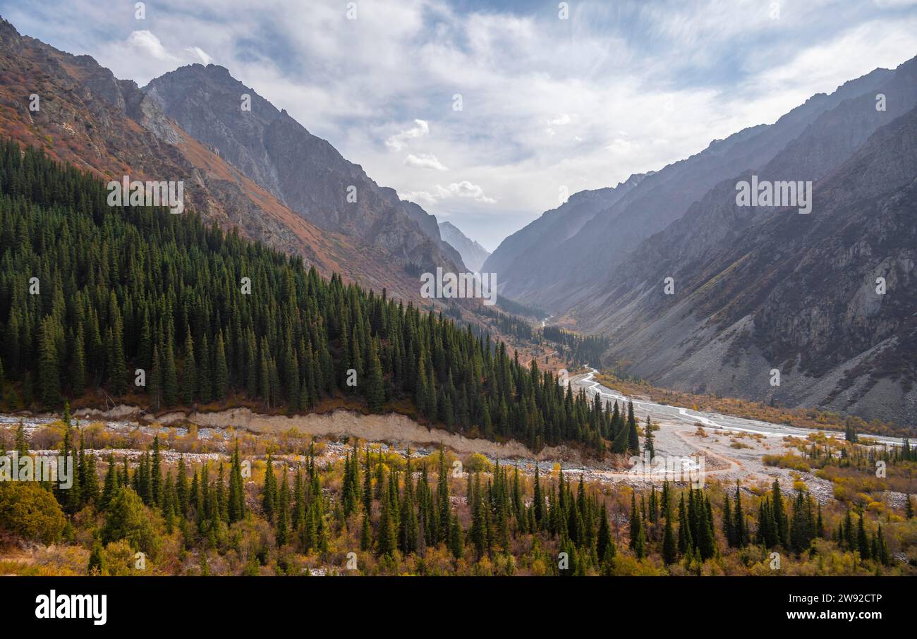 View into the Ala Archa valley, autumnal mountain landscape, mountain ...