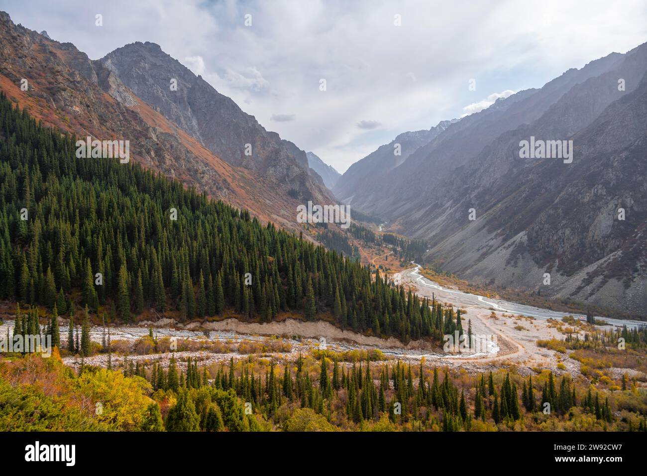 View into the Ala Archa valley, autumnal mountain landscape, mountain ...