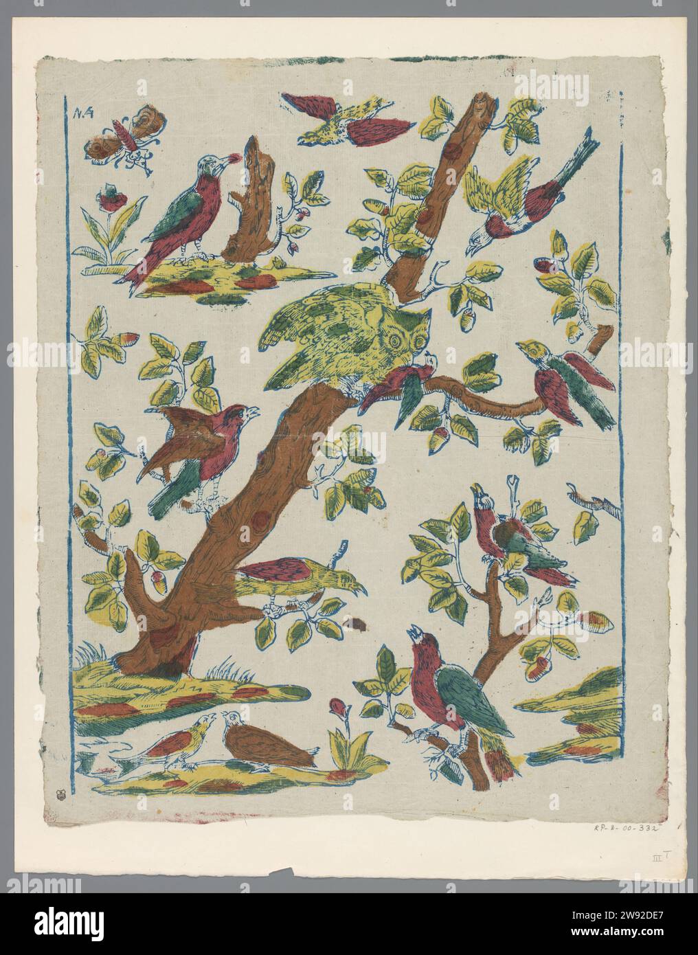 Leaf with an owl in a tree, anonymous, 1700 - 1850 in the middle Leaf ...