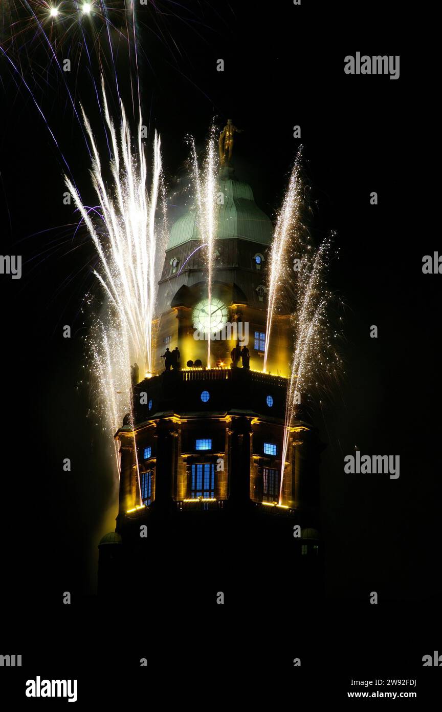Fireworks at the town hall tower Every year, the town celebrates its ...