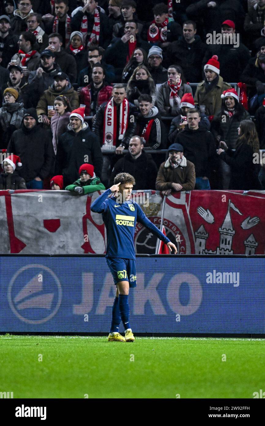 Antwerp, Belgium. 23rd Dec, 2023. Westerlo's Lucas Stassin celebrates ...