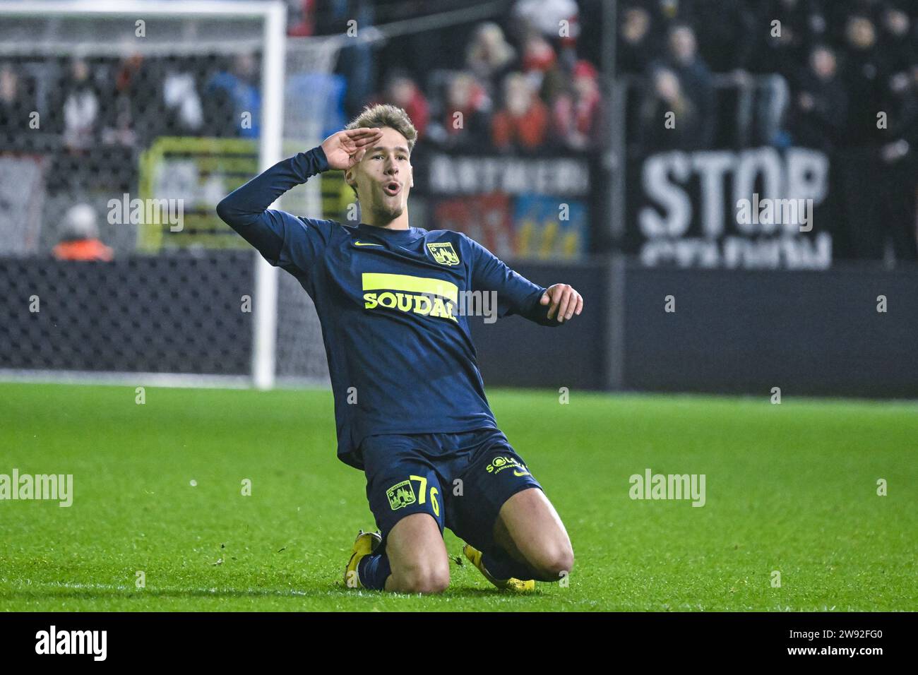 Antwerp, Belgium. 23rd Dec, 2023. Westerlo's Lucas Stassin celebrates ...