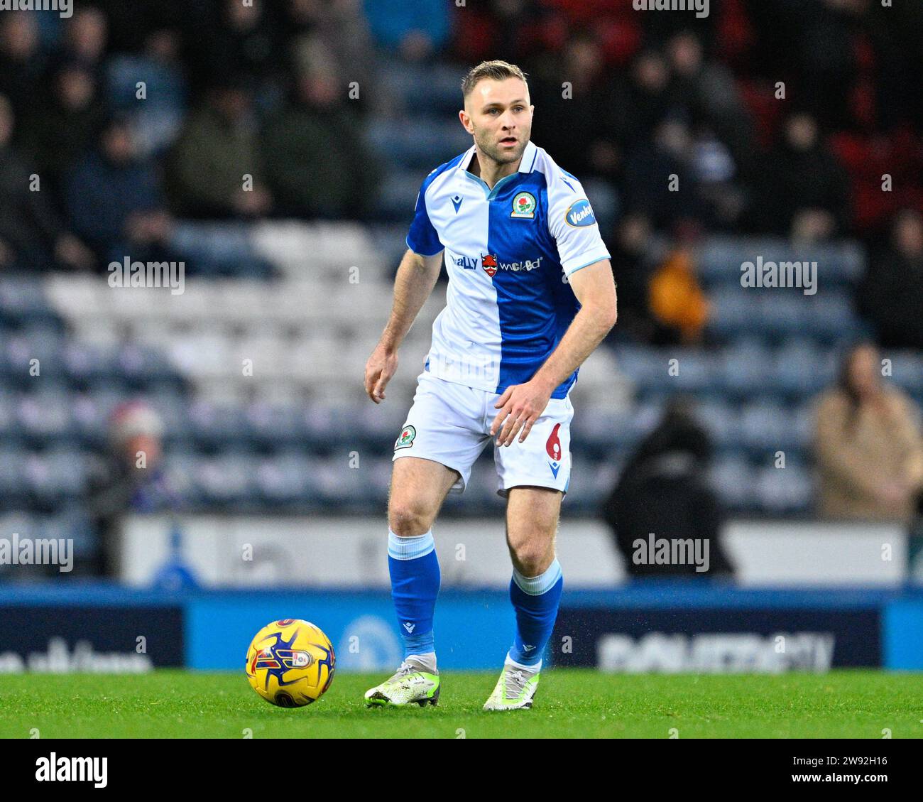 Sondre Tronstad #6 of Blackburn Rovers on the ball, during the Sky Bet ...