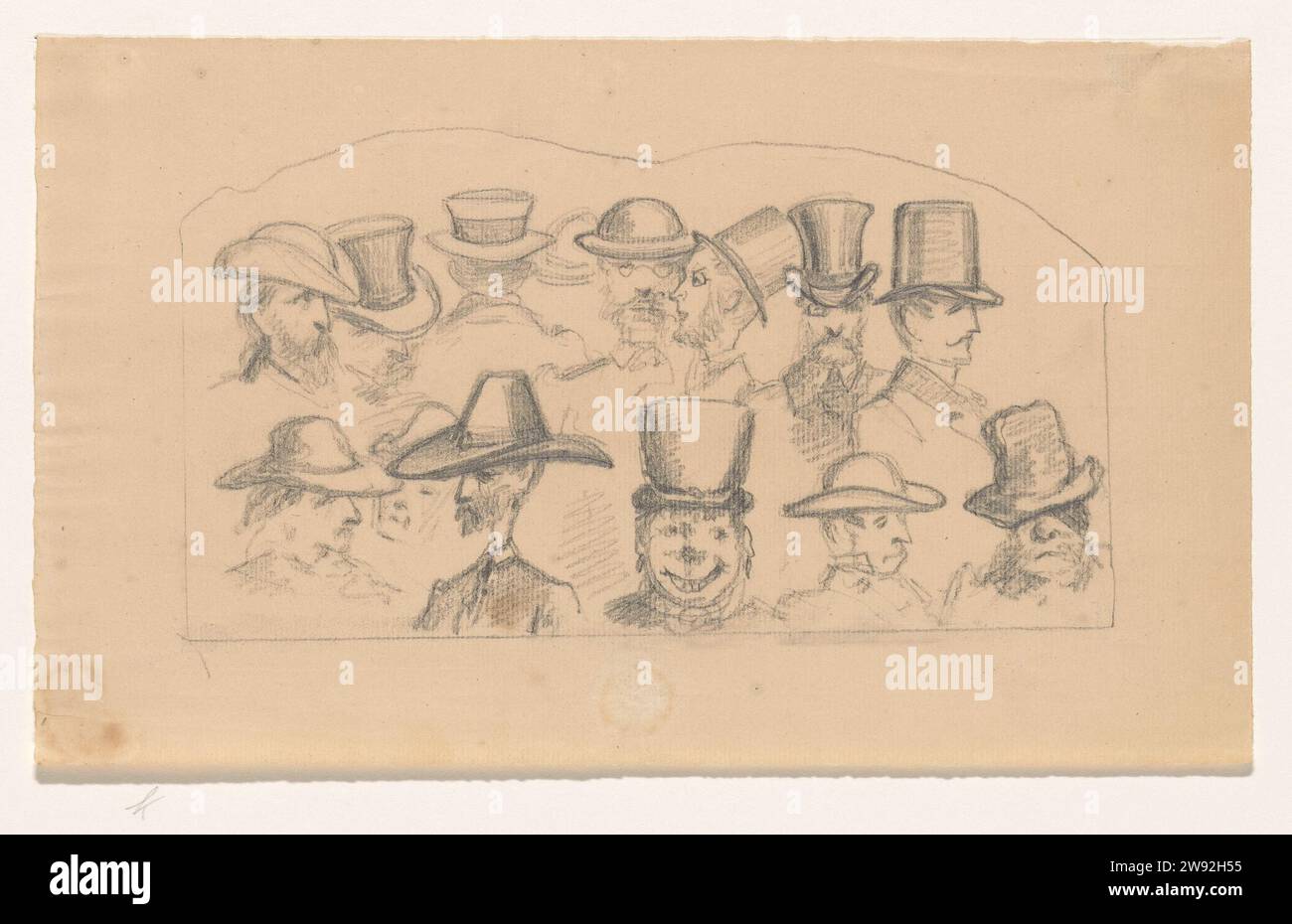 Sketch for cartoon with thirteen heads with hats, Johan Michaël Schmidt ...