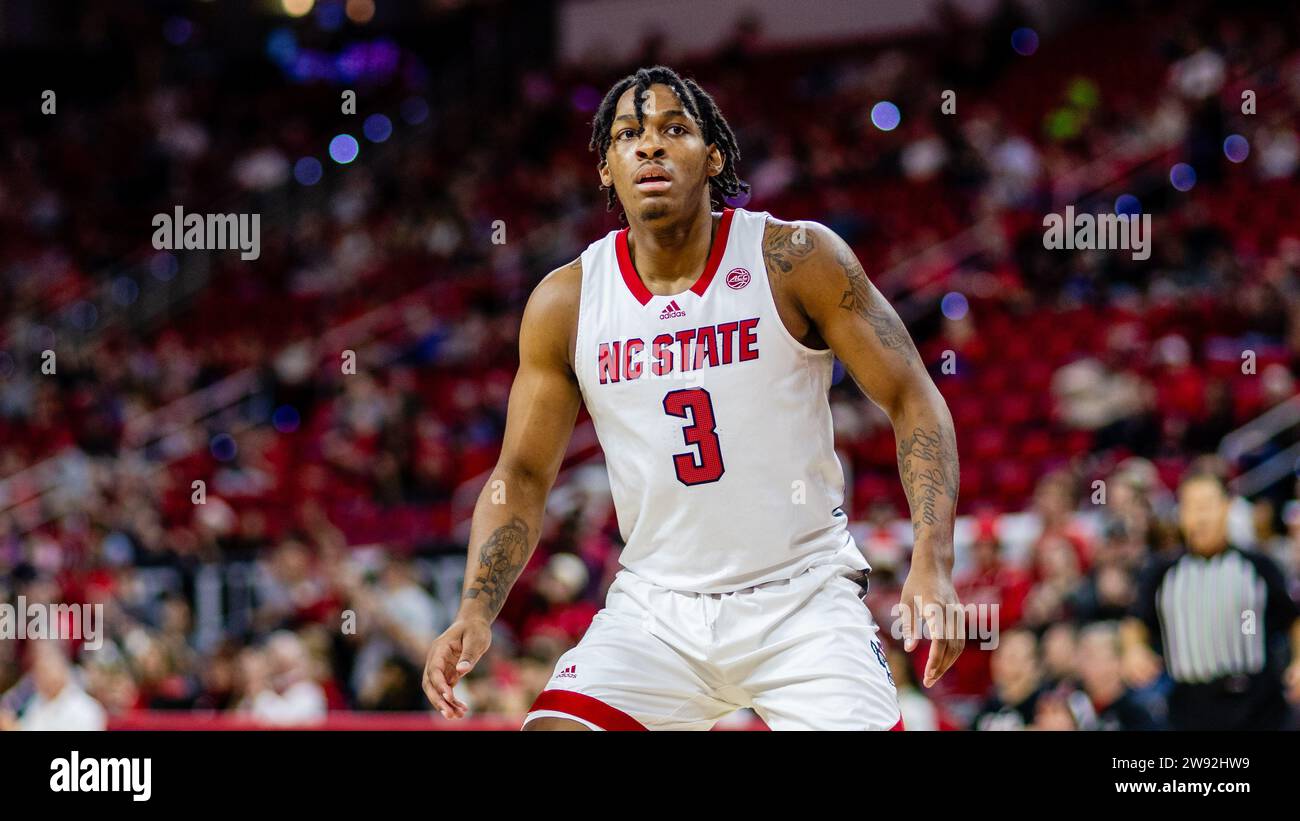 Raleigh, NC, USA. 23rd Dec, 2023. North Carolina State Wolfpack guard MJ Rice (3) against the ...