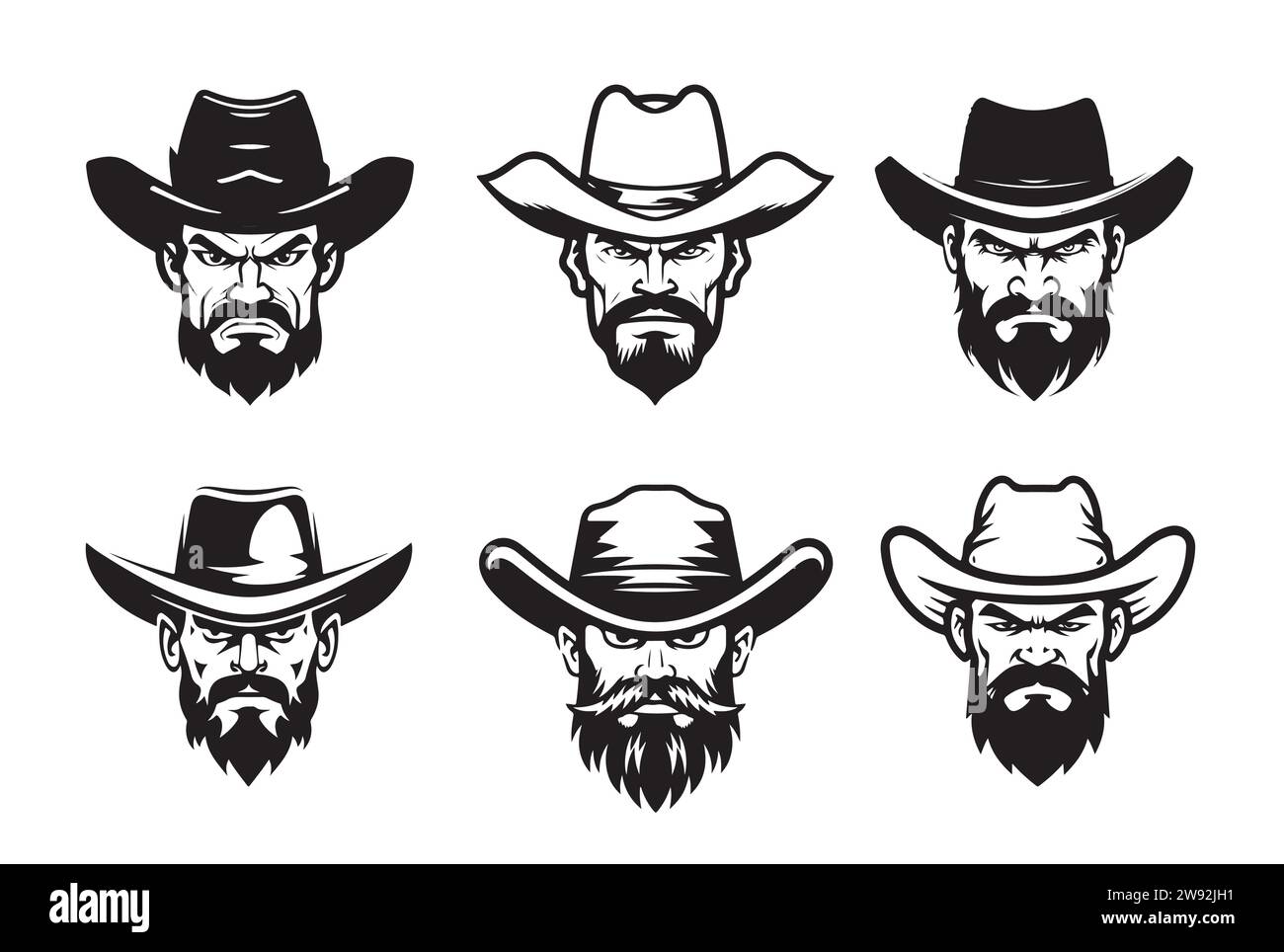 Cowboy Vintage Western Portrait Stamp Wild West Vector Collection Set ...