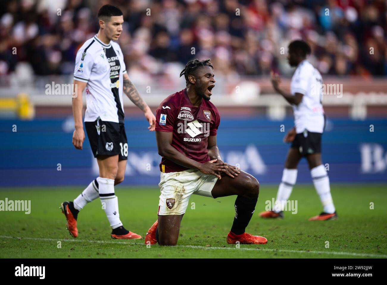 Turin, Italy. 23 December 2023. Duvan Zapata of Torino FC reacts during ...