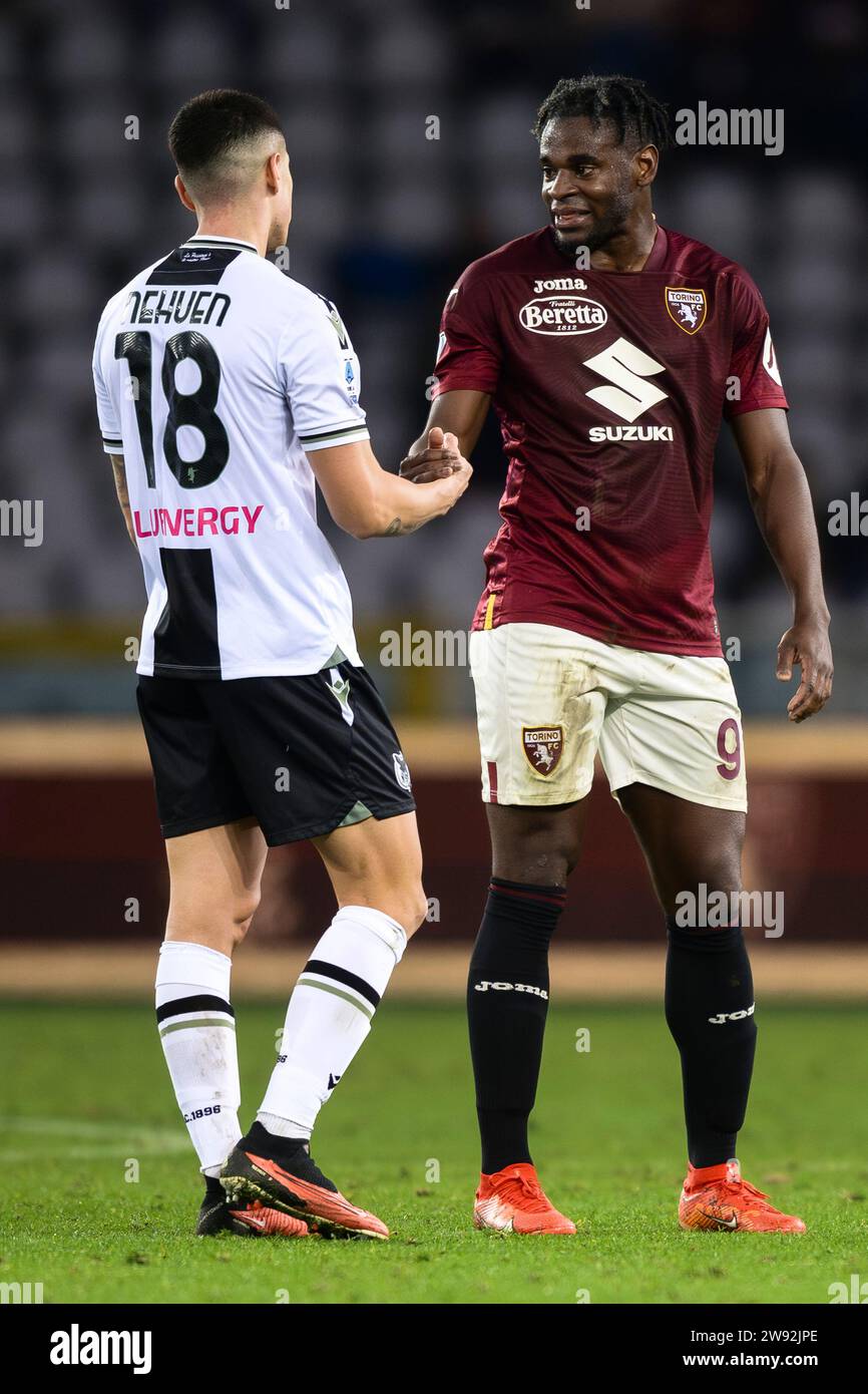 Turin, Italy. 23 December 2023. Duvan Zapata of Torino FC shakes hands ...